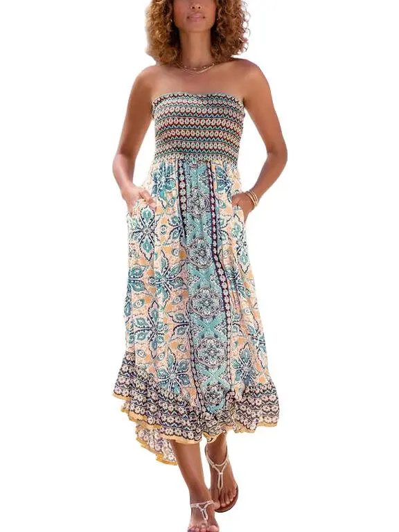 LASCANA Smocked Bodice Printed Strapless Dress With Handkerchief Hem - Blue Multi