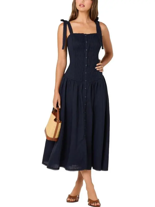 Astr The Label Marie Midi Dress With Lace Trim - Navy