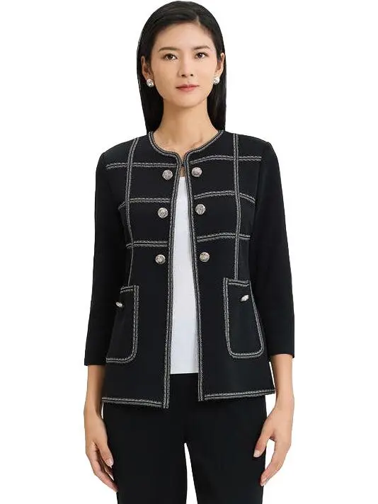 Ming Wang Heritage Grid Trim Knit Jacket - Black/ivory