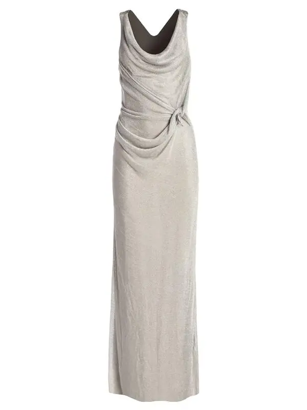 KATE BARTON Naomi Cowl Neck Maxi Dress With Draped Waist And Open Back - Silver