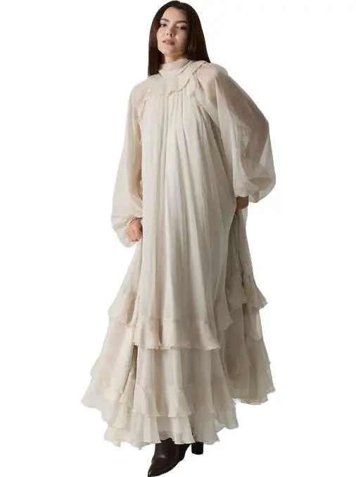 LE FAFO Silk Chiffon Maxi Dress With Ruffles - Light Beige