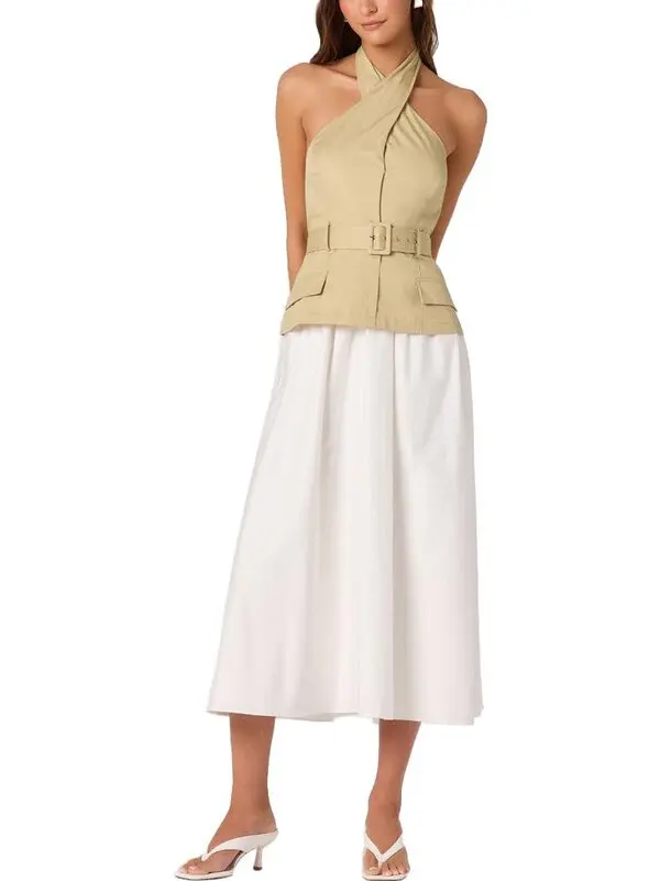 Astr The Label Aleda Halter Neck Cotton Midi Dress - Khaki