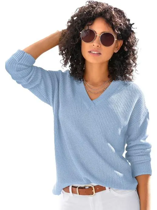 LASCANA Ribbed V-neck Sweater - Blue