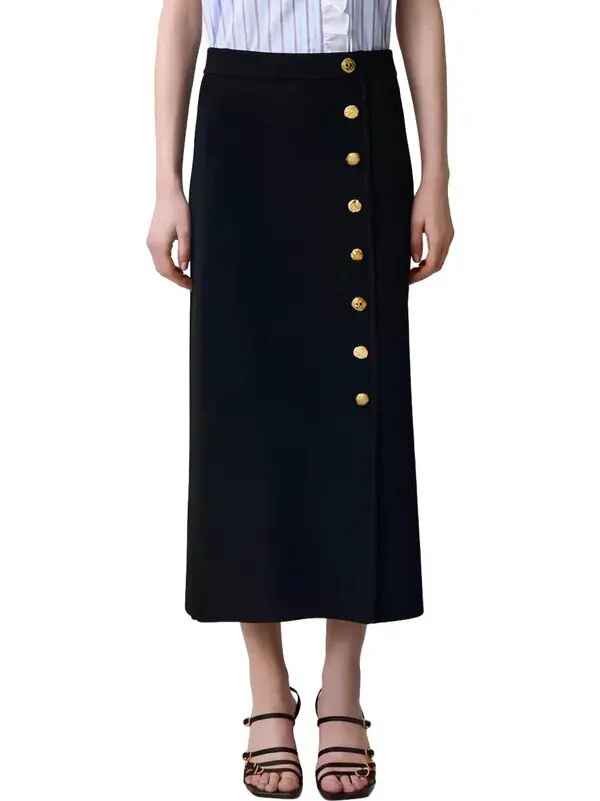 Claudie Pierlot Fitted Knitted Midi Skirt With Decorative Gold Buttons - Black