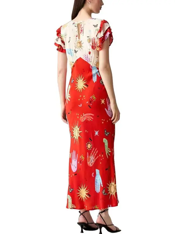 NEVER FULLY DRESSED Graphic Print Ruffled Sleeve Maxi Dress - Red