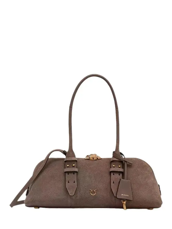 Pinko Large Suede Shoulder Bag With Buckle Details - Brown