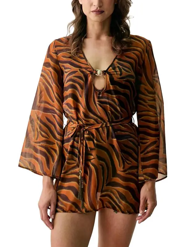 Kurt Geiger Tiger Print V-neck Mini Dress With Gold-tone Hardware - Orange