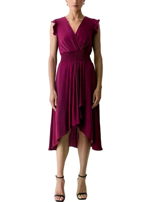 MORGAN Ruffled-sleeve Asymmetrical V-neck Wrap Dress - Red