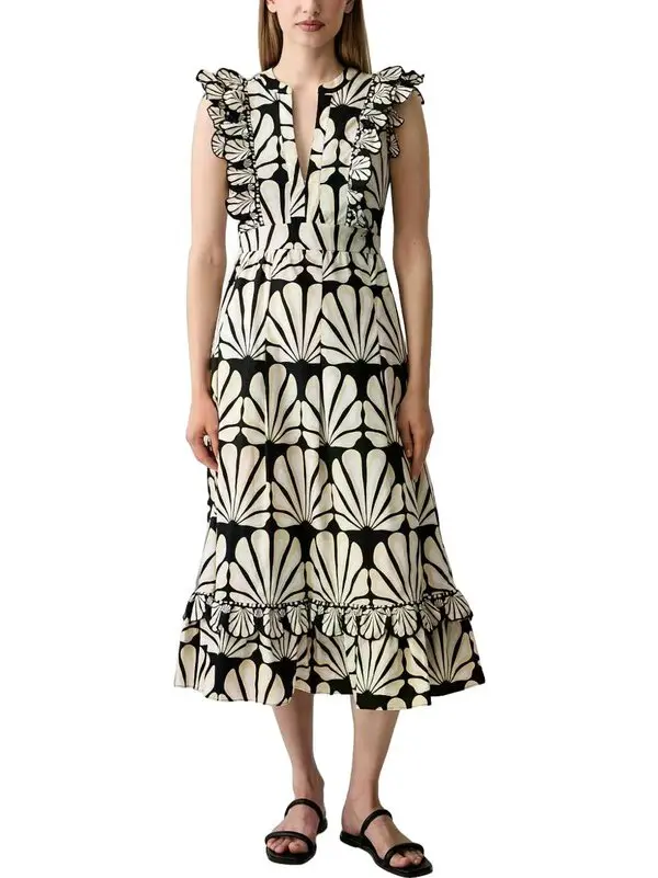 PEDRO DEL HIERRO Ruffled Trim Midi Dress With Shell Print - Black