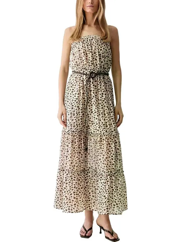 VICOLO Sleeveless Strapless Tiered Midi Dress With Braided Belt - Neutrals