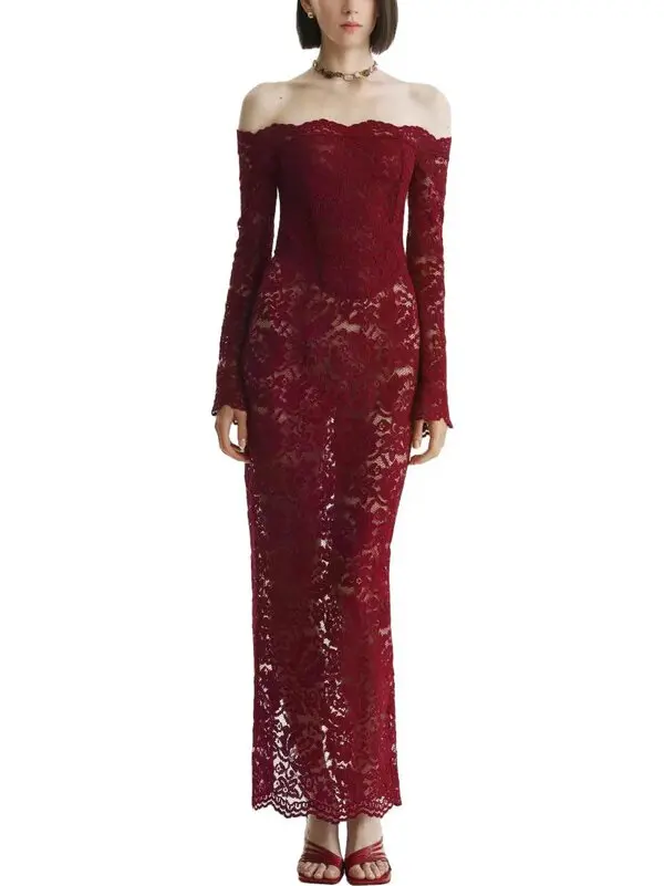 2310 STUDIO Off-shoulder Lace Maxi Dress - Red