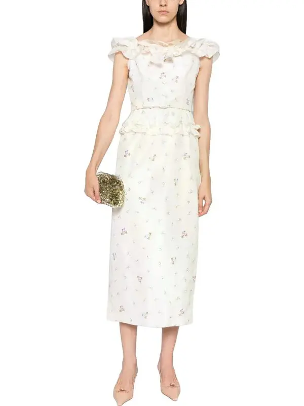 Alessandra Rich Floral Print Ruffled Off-shoulder Silk Dress - Neutrals