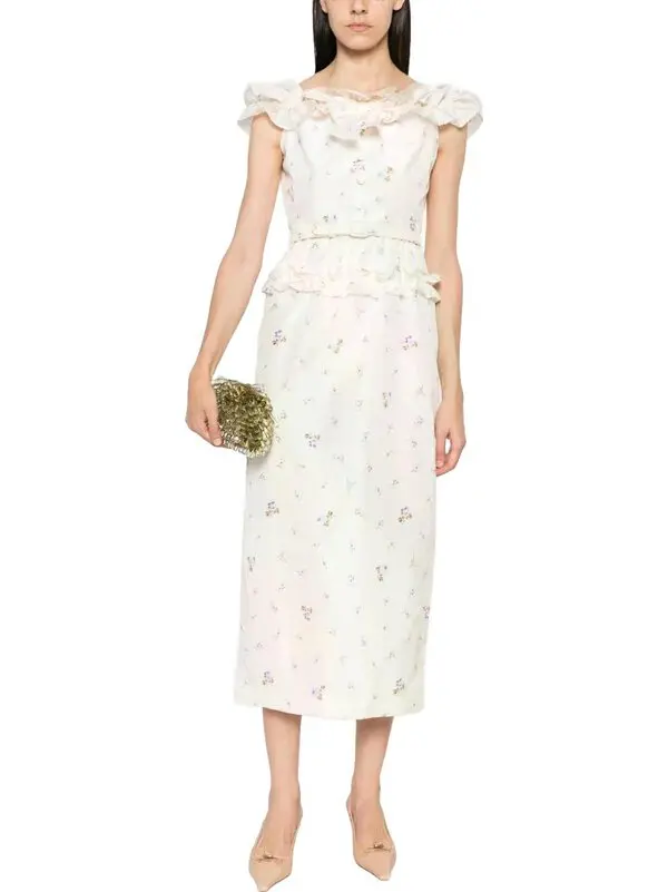Alessandra Rich Floral Print Ruffled Off-shoulder Silk Dress - Neutrals