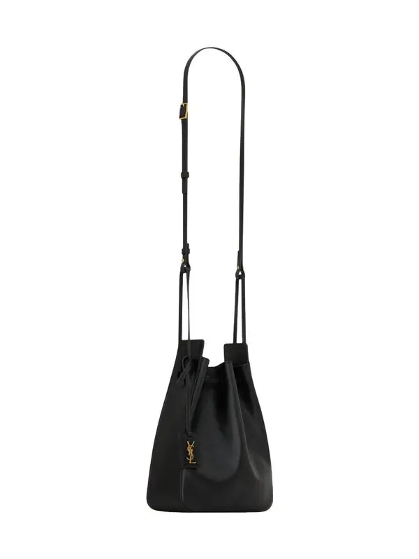 Saint Laurent Logo Plaque Drawstring Bucket Bag - Black