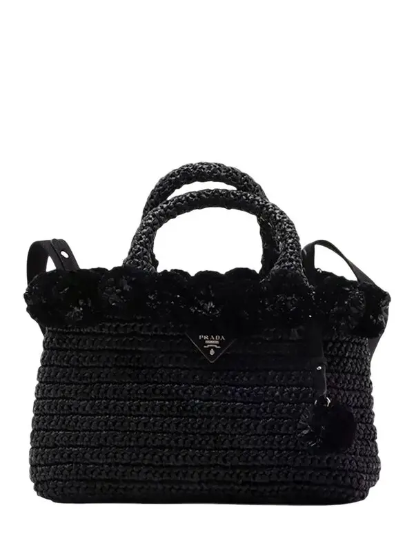 Prada Small Raffia Pompom Satchel - Black