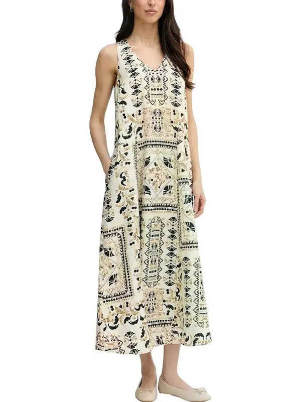 Joseph Ribkoff Geometric Print V-neck Sleeveless Midi Dress - Neutrals