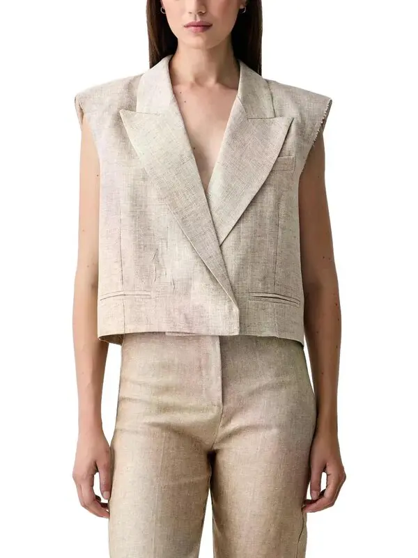 VICOLO Sleeveless Peak Lapel Vest With Frayed Edges - Neutrals