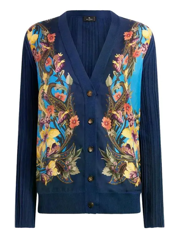 Etro Wool And Silk Cardigan With Placed Paisley And Floral Print - Blue