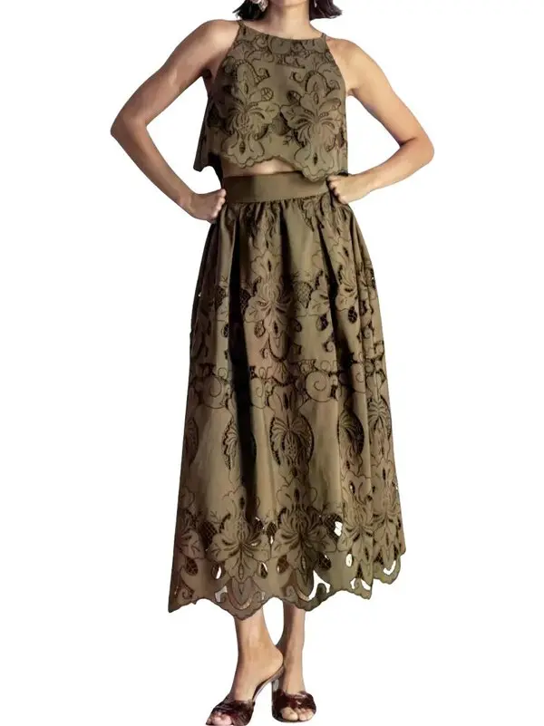 MOUTAKI Floral Embroidered Scalloped Cropped Top - Green