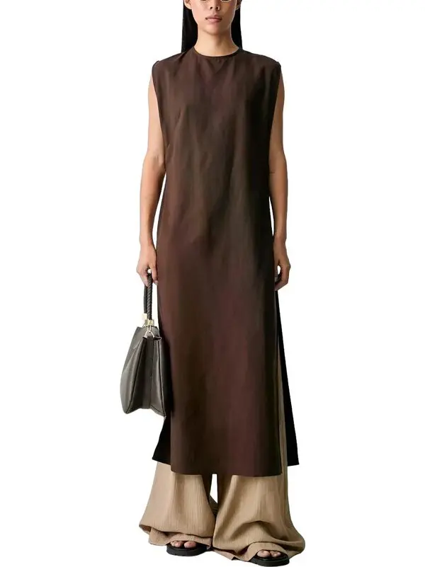 VICOLO Sleeveless Round Neck Blouse With Side Slits - Brown
