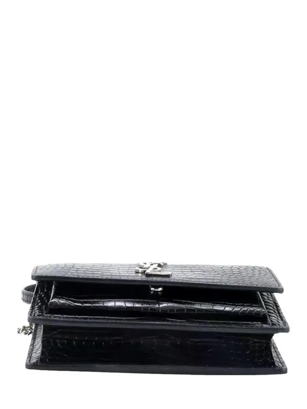 Saint Laurent Sunset Top Handle Chain Wallet Crocodile Embossed Leather Crossbody Bag - Black