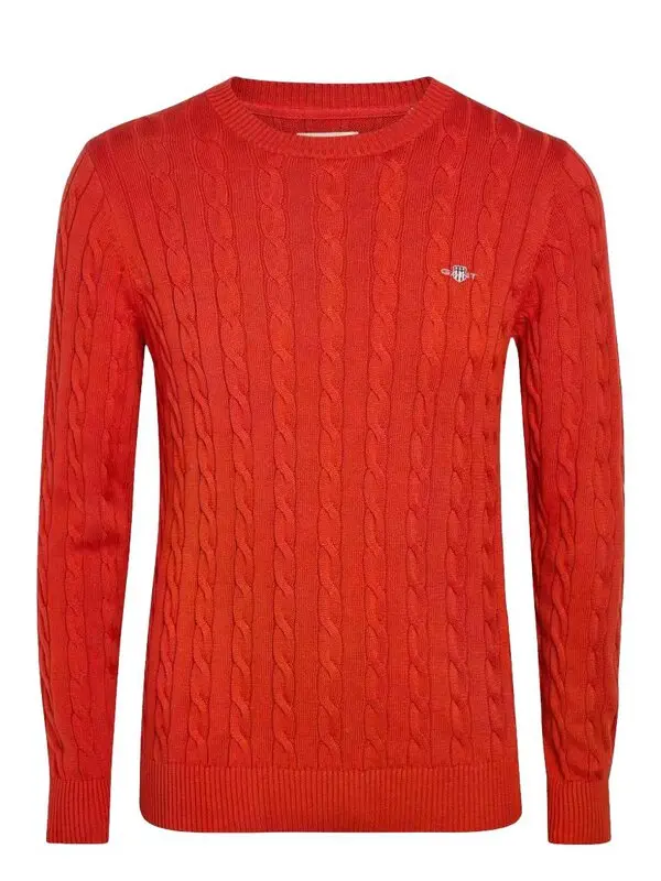 Gant Cable Knit Crew Neck Sweater With Embroidered Logo - Red
