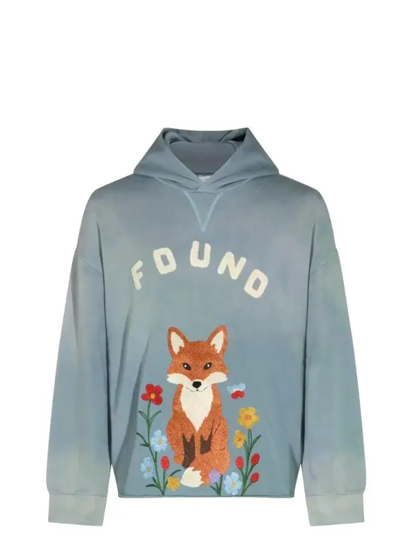 FOUND Fox Embroidered Cotton Hoodie - Blue