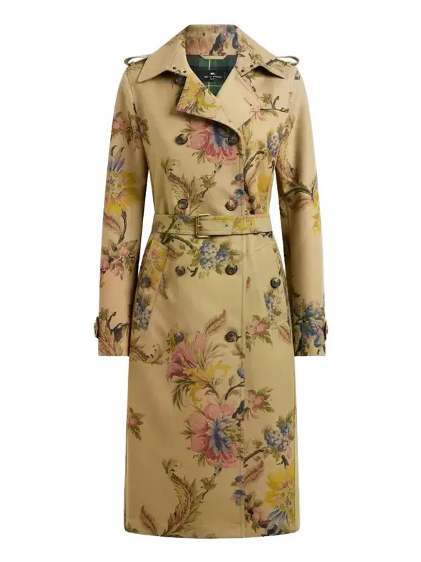 Etro Cotton Gabardine Floral Motif Trench Coat - Neutrals