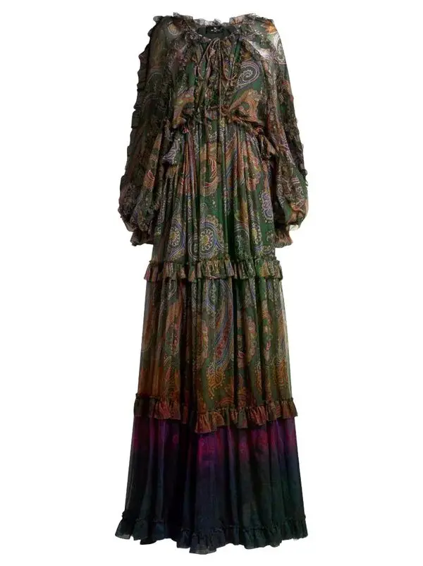 Etro Long Silk Dress With Ruffles And Paisley Print - Green