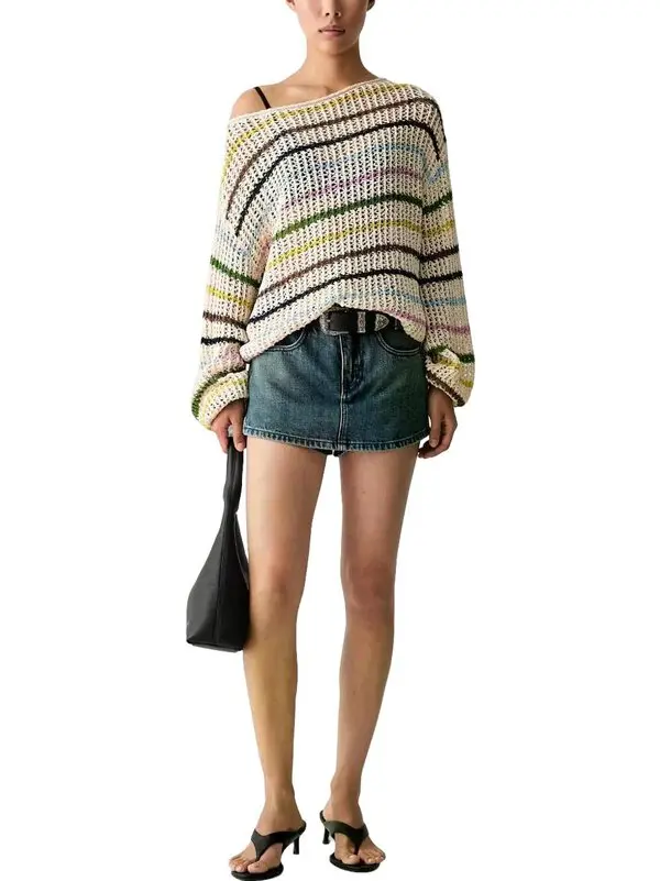 Miss Sixty Striped Open-knit Boat Neck Sweater - Neutrals