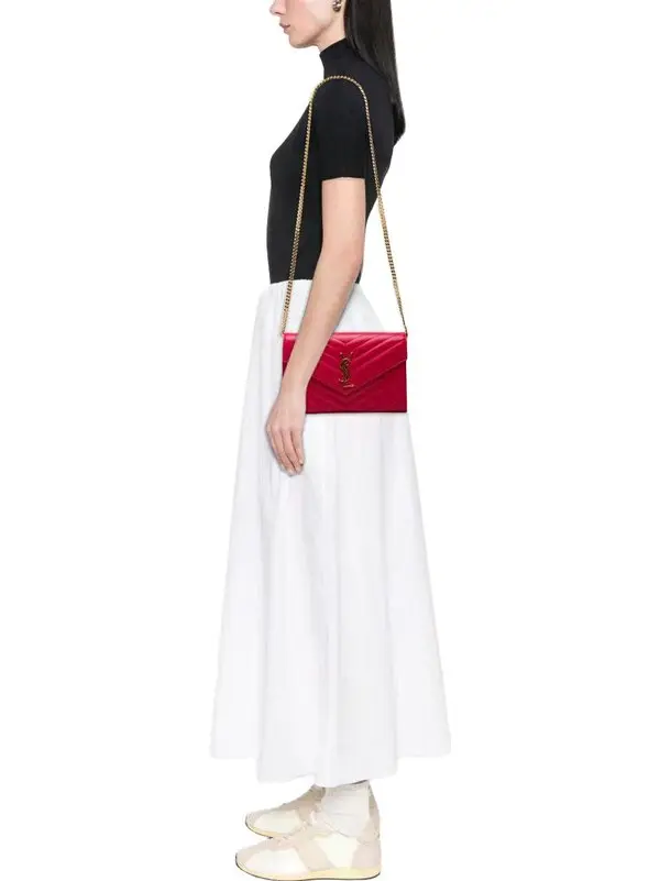 Saint Laurent Grain De Poudre Chevron Monogram Envelope Chain Wallet Crossbody Bag - Pink