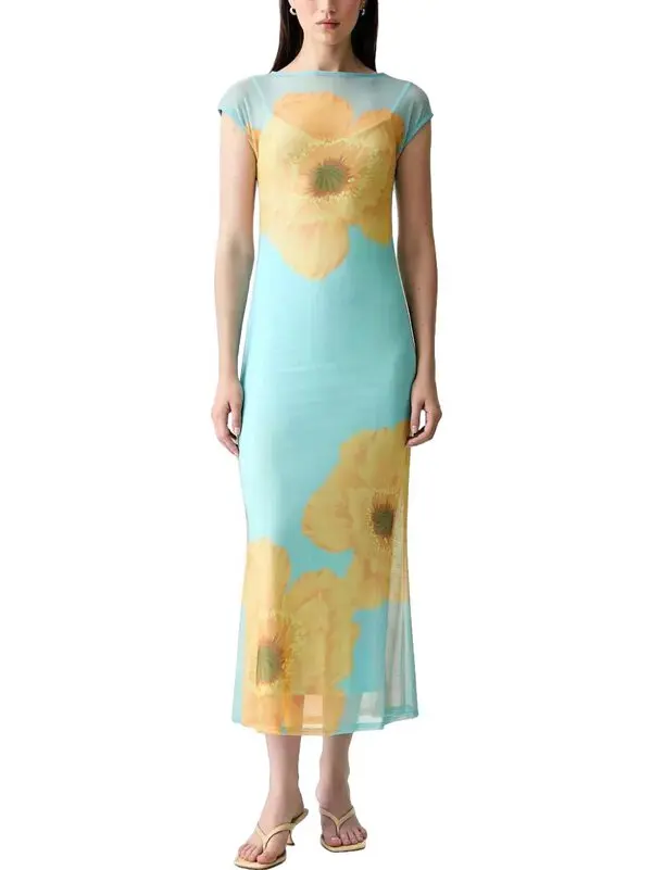 NEVER FULLY DRESSED Floral Print Mesh Midi Dress - Blue