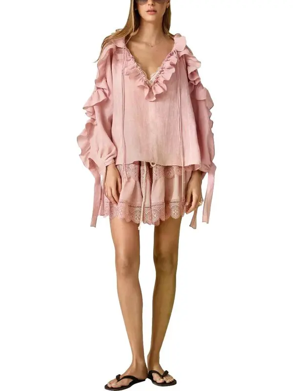 PNK Ruffled Lace-trim Blouse With V-neck And Self-tie Cuffs - Pink