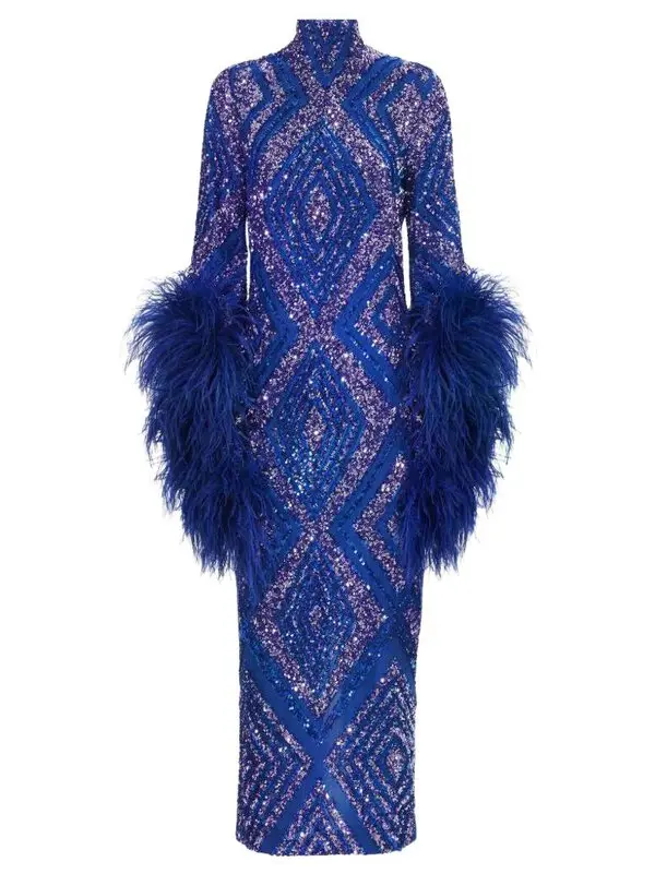 TALLER MARMO Feather-trim Sequin Maxi Dress - Blue