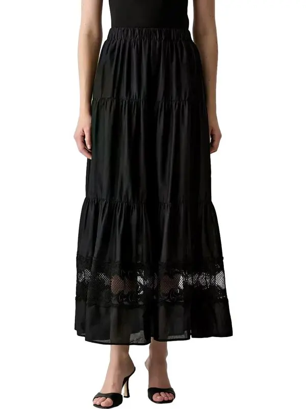 MORGAN Tiered Maxi Skirt With Lace Inserts - Black