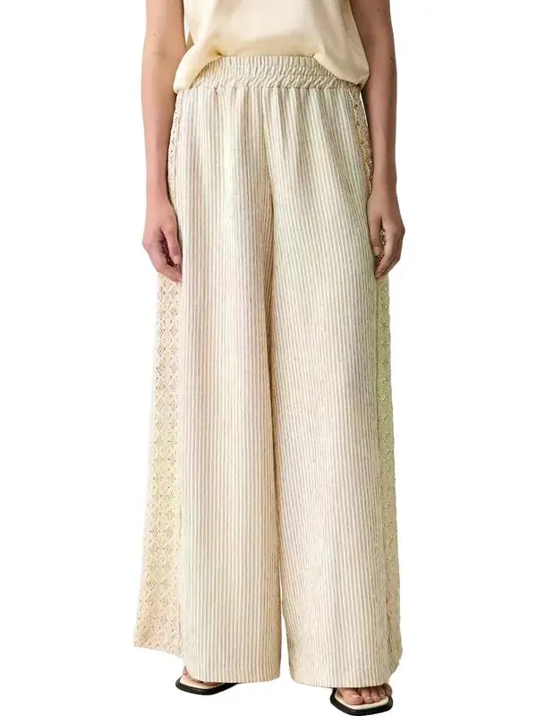 VICOLO Stripe Pattern Lace-trim Palazzo Pants - Neutrals