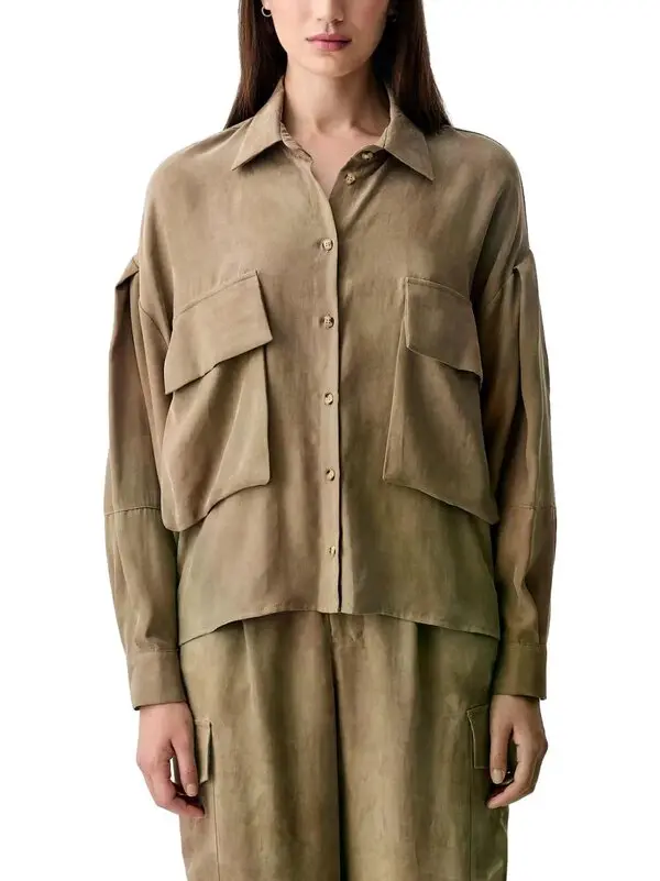 VICOLO Drop Shoulder Shirt With Flap Pockets - Neutrals
