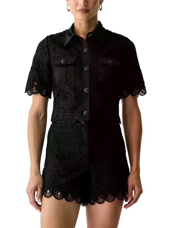 MORGAN Guipure Lace Flap-pocket Shirt - Black