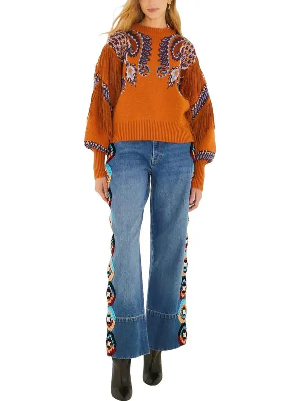 Farm Rio Arabesque Scarf Fringe Cuffed Knit Sweater - Brown