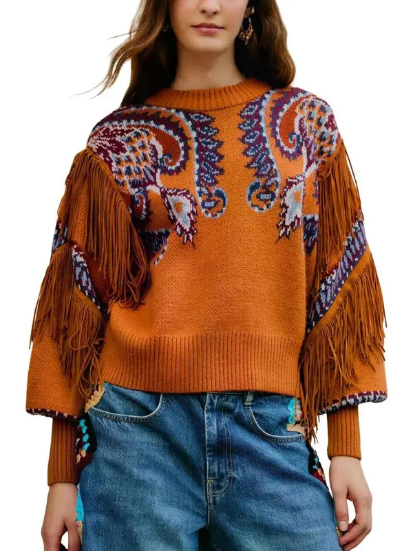 Farm Rio Fringed Patterned Sweater - Orange