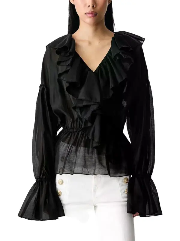 VICOLO Ruffled V-neck Blouse - Black