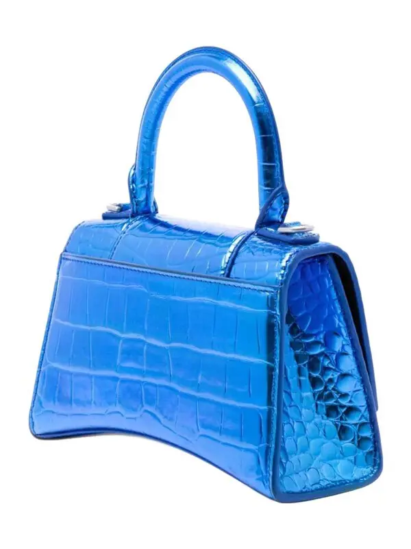 Balenciaga Metallic Calfskin Croc Embossed Hourglass Xs Satchel - Blue