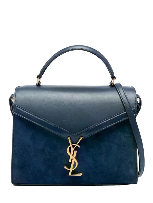 Saint Laurent Medium Calfskin And Suede Classic Monogram Cassandra Top Handle Bag - Blue