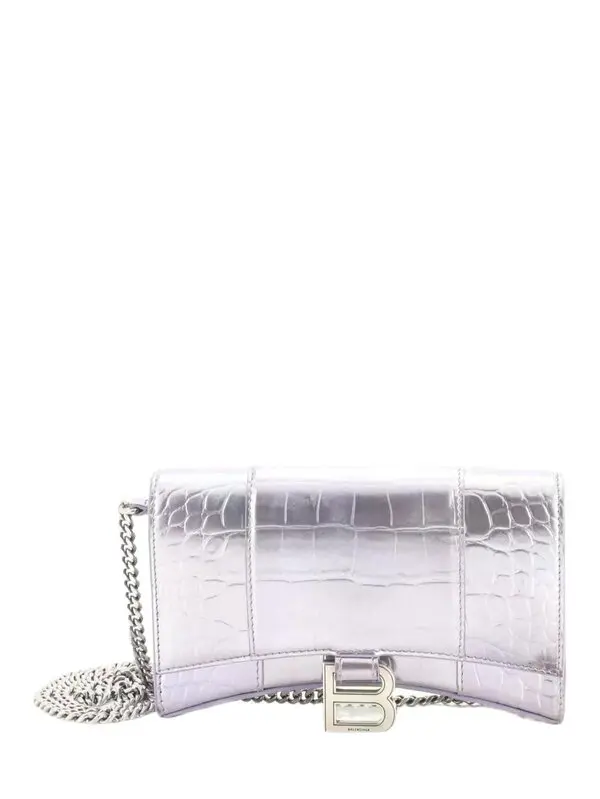 Balenciaga Hourglass Chain Wallet Crocodile Embossed Leather Clutch Bag - Purple