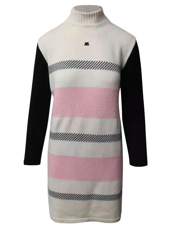 COURREGES Tartan Turtleneck Knit Dress - Neutrals