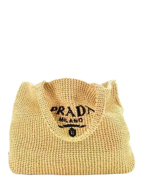 Prada Logo Raffia Xl Tote Bag - Neutrals