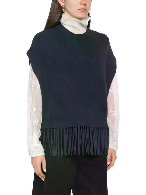 Patrizia Pepe Fringed Wool Poncho - Blue