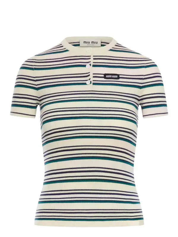 Miu Miu Striped Ribbed Knit Short-sleeve Top - Neutrals