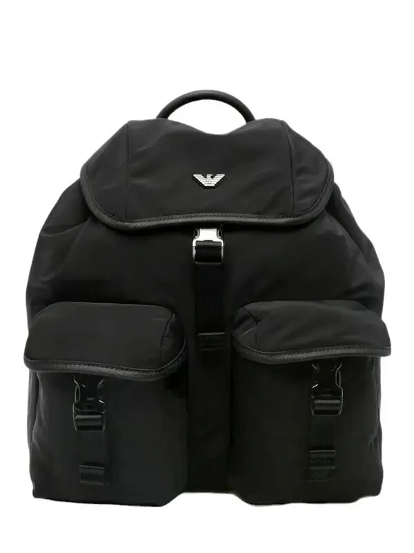 Emporio Armani Logo Plaque Buckled Backpack - Black