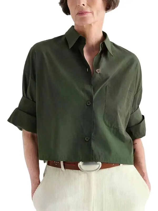 TWP Cropped Button-up Shirt With Classic Collar And Chest Patch Pocket - Green